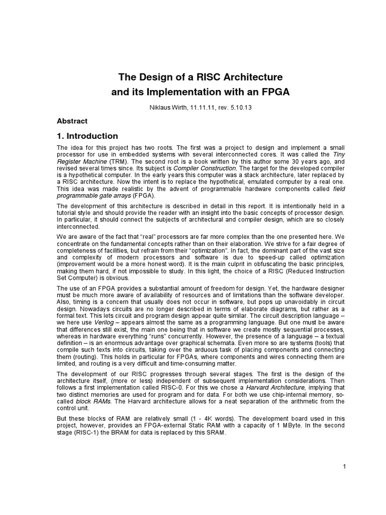 The Design of A RISC Architecture and Its Implementation With An FPGA | PDF | Instruction Set ...