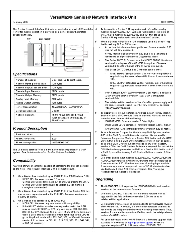 Versamax Genius Niu Ic200gbi001-Hl, Gfk-2524a | PDF | Input/Output | Electrical Connector