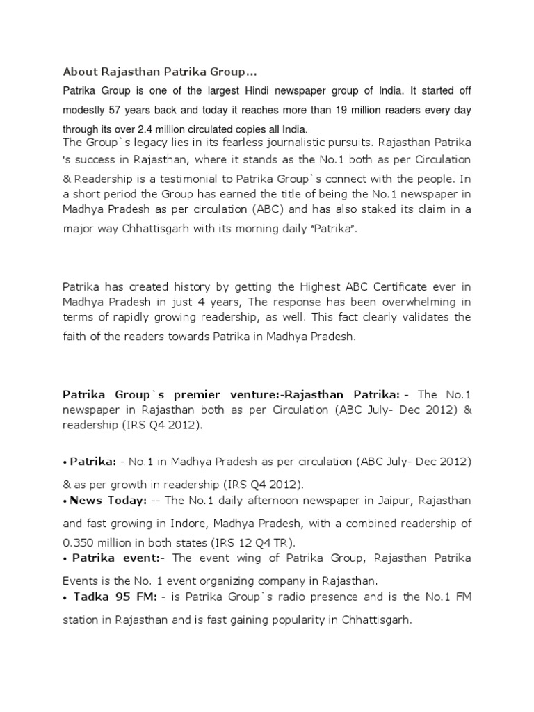 Rajasthan Patrika Details | PDF | Newspapers | Newspaper And Magazine