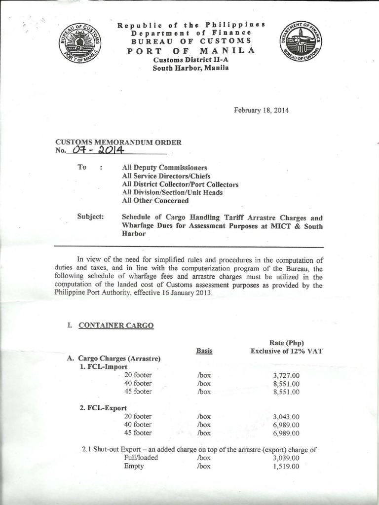 Boc Customs Memorandum Order 7 2014 Pdf Government Economies