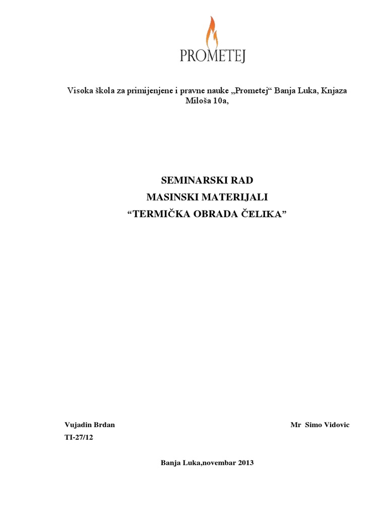 Seminarski Rad Masinski Materijali Termicka Obrada Celika | PDF