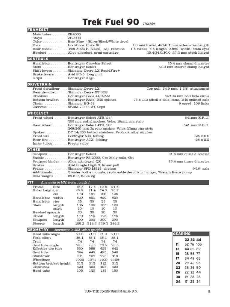 2004 Trek Fuel 90 Specifications | PDF