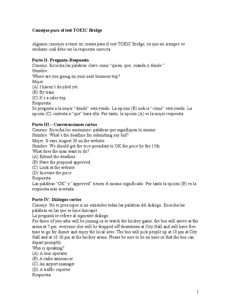 Consejos para el test TOEIC Bridge | PDF | Business | Ocio