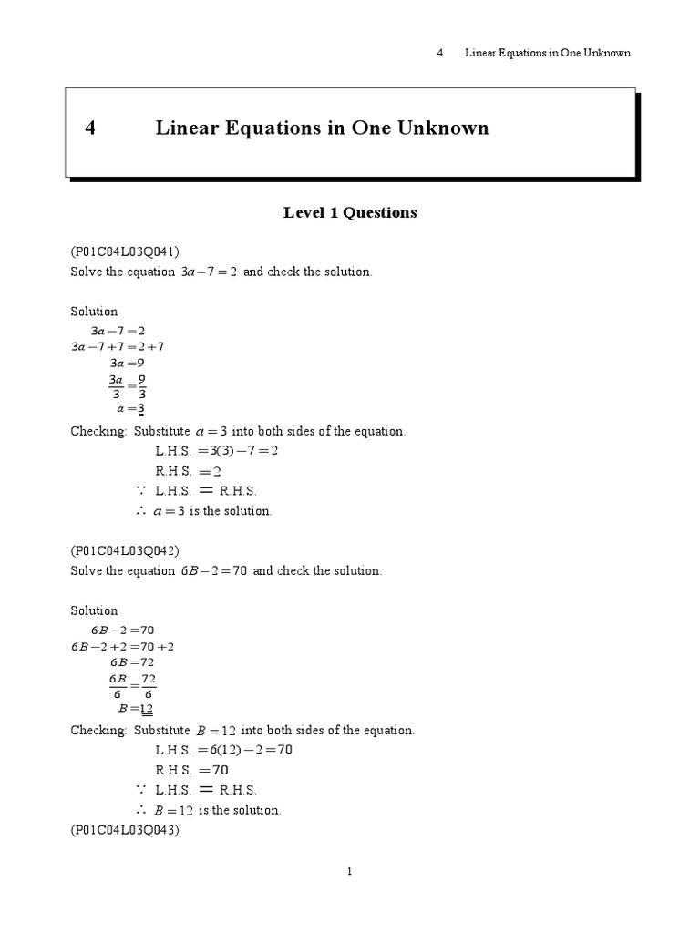 Chapter 4 - Linear Equations in One Unknown | PDF | Equations | Logical ...