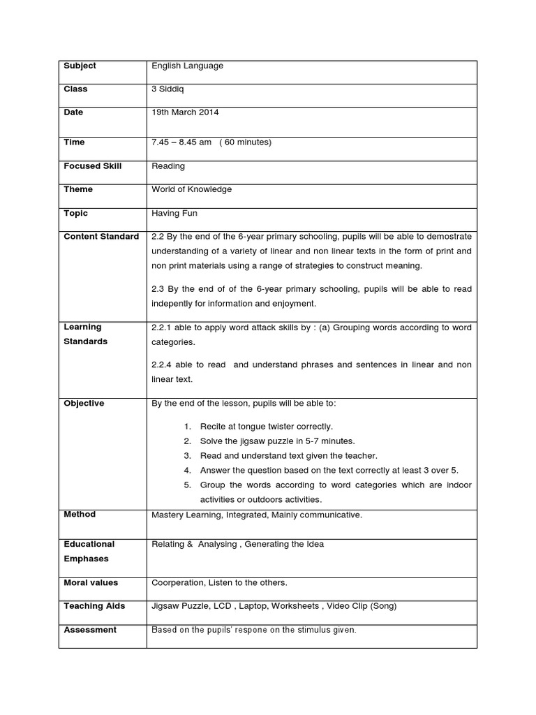 Year 3 English Lesson Plan: Fun Activities | PDF | Reading (Process ...