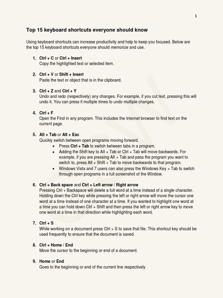 15 Keyboard Shortcuts | Download Free PDF | Control Key | Keyboard Shortcut