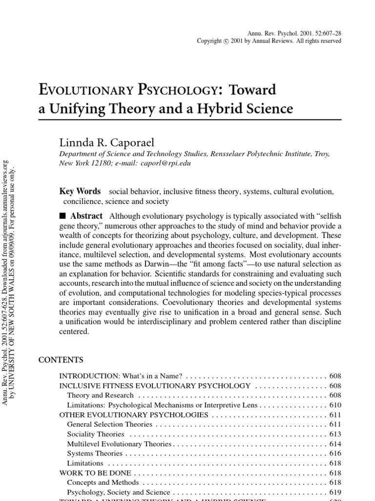 Evolutionary Psychology Toward A Unifying Theory and A Hybrid Science ...