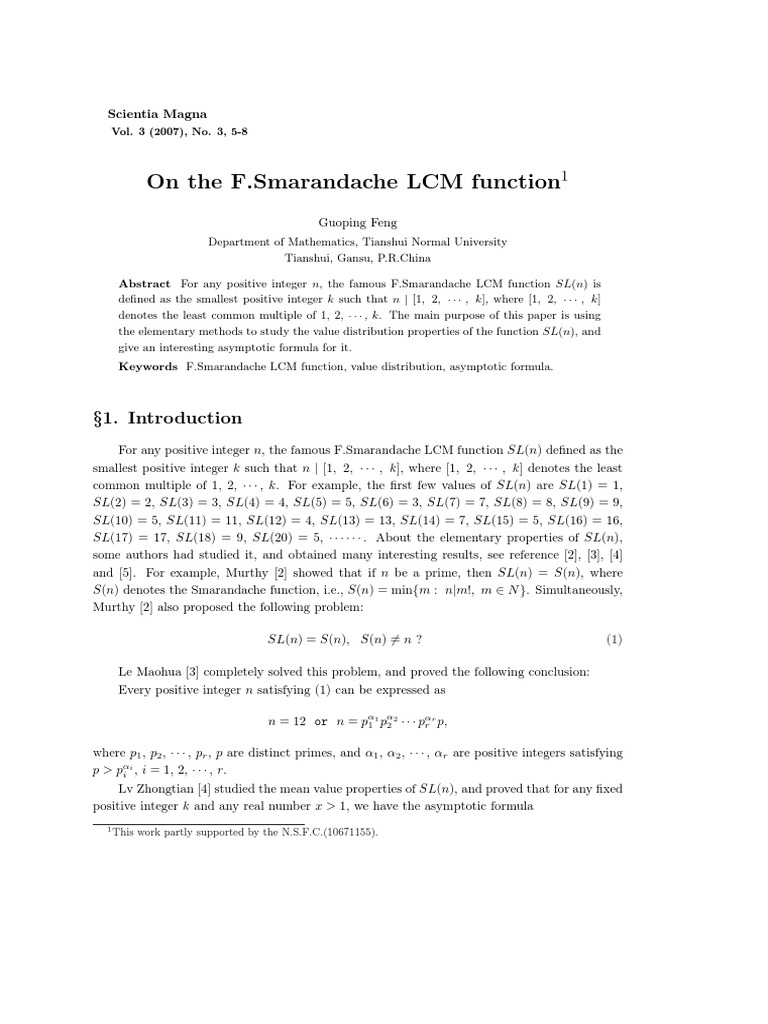 On The F.Smarandache LCM Function | PDF | Prime Number | Function (Mathematics)