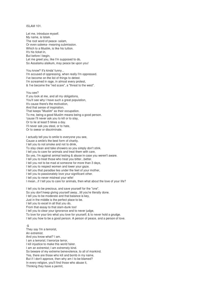 Islam 101 (Poem) | PDF | Abrahamic Religions | Qur'an