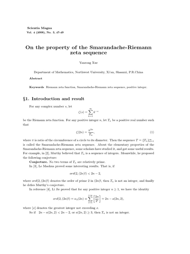 On The Property of The Smarandache-Riemann Zeta Sequence | PDF | Prime Number | Pi
