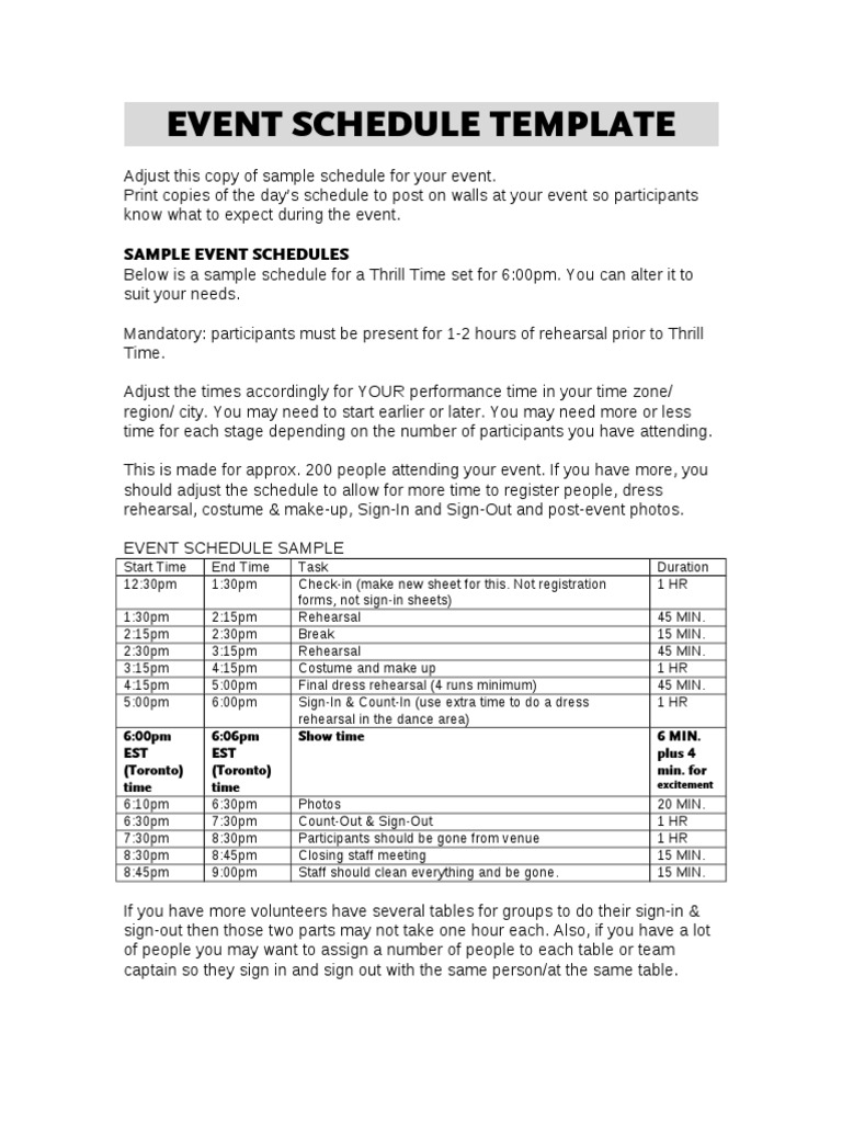 Sample Event Schedule and Team Roles Template | PDF | Leisure