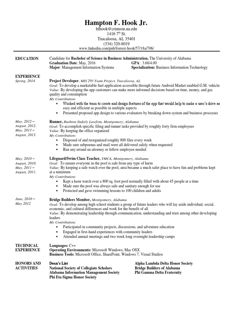 Hook Resume | Download Free PDF | University Of Alabama | Management ...
