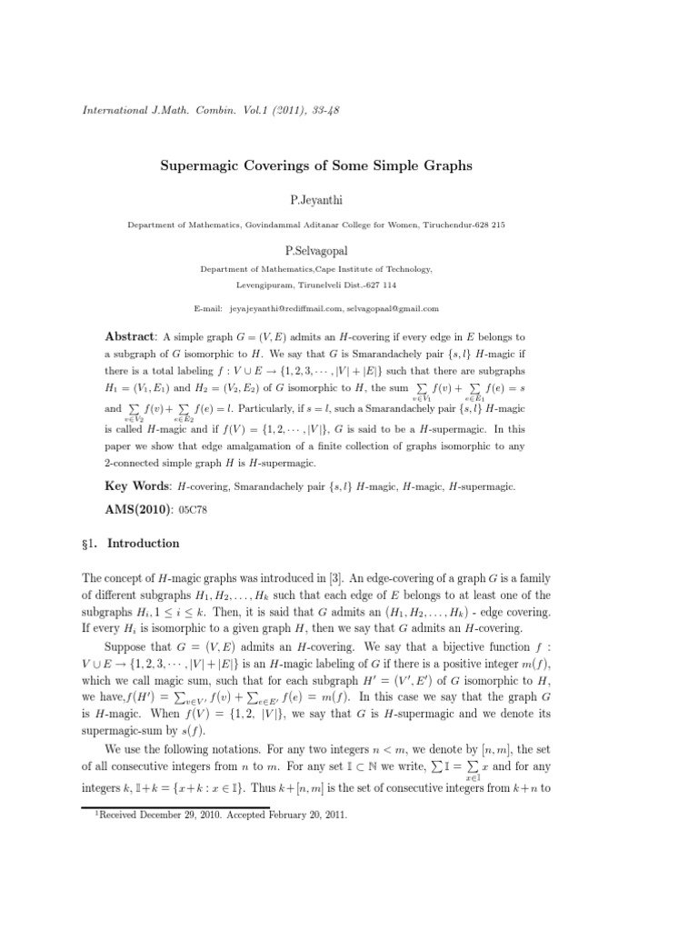 Supermagic Coverings of Some Simple Graphs | PDF | Integer | Mathematical Relations