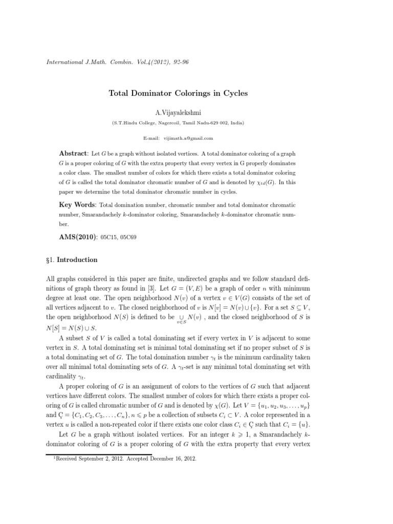 Total Dominator Colorings in Cycles | PDF | Vertex (Graph Theory ...