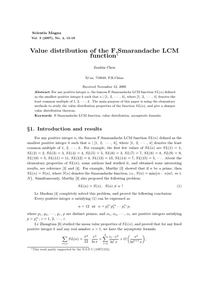 Value Distribution of The F.Smarandache LCM Function | PDF | Prime Number | Mathematical Concepts