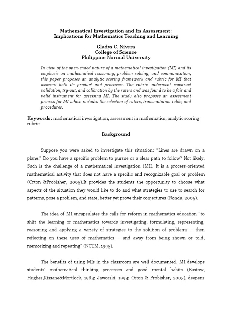 Mathematical Investigation and Its Assessment | PDF | Rubric (Academic ...