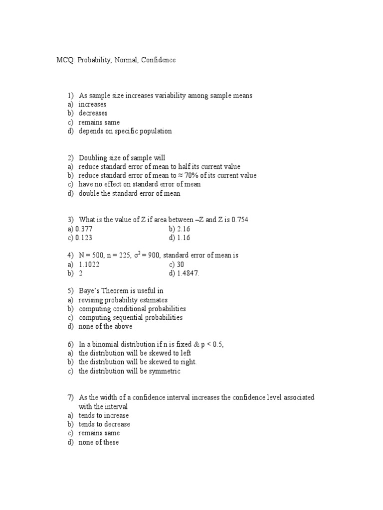 MCQ Normal, Probability, Confidence | PDF | Errors And Residuals | Mean