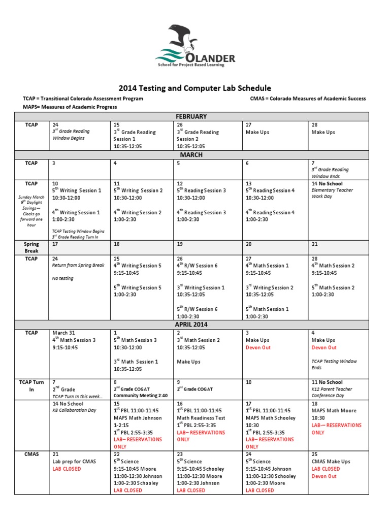 Assessment Calendar OLA 2014docx | PDF | Schools | Behavior Modification