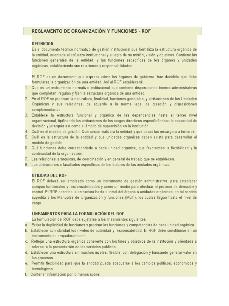 Rof. Reglamento de Organización y Funciones | PDF | Regulación | Institución