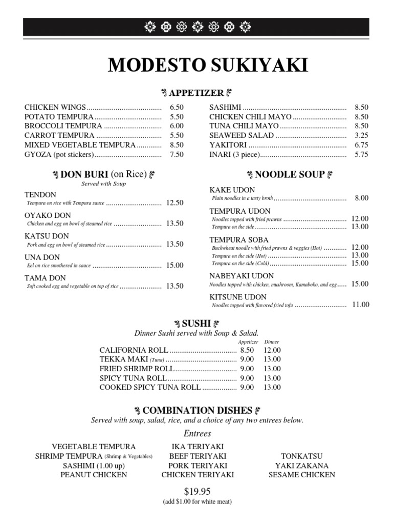 Modesto Sukiyaki Dinner Menu | Download Free PDF | Japanese Cuisine | Sushi