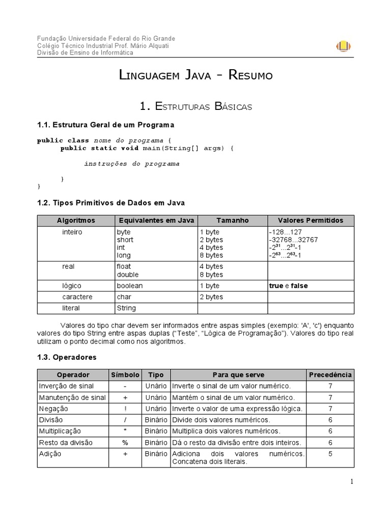 Resumo Da Linguagem Java | PDF | Tipo de dados | Formalismo (dedutivo)