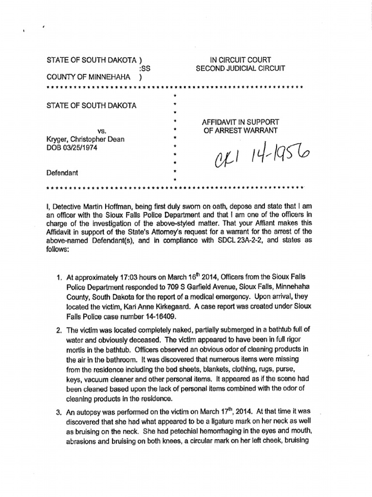 Affidavit in Arrest of Christopher Kryger | PDF