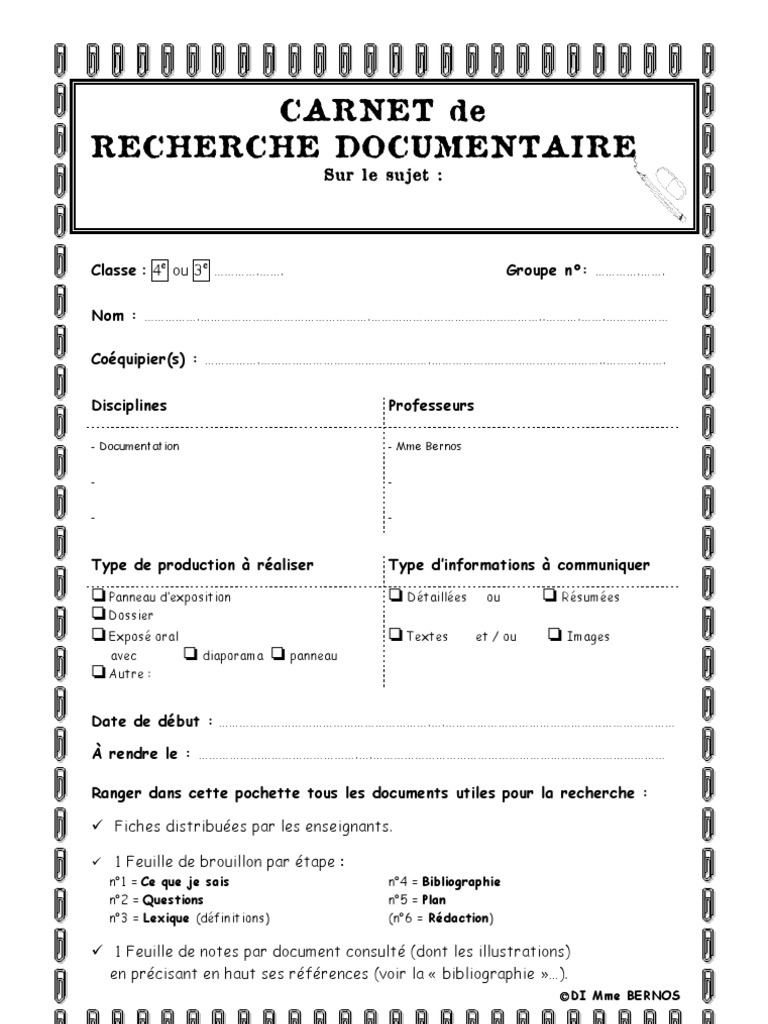 Carnet de recherche documentaire 4e/3e | PDF | Document | Mise en page