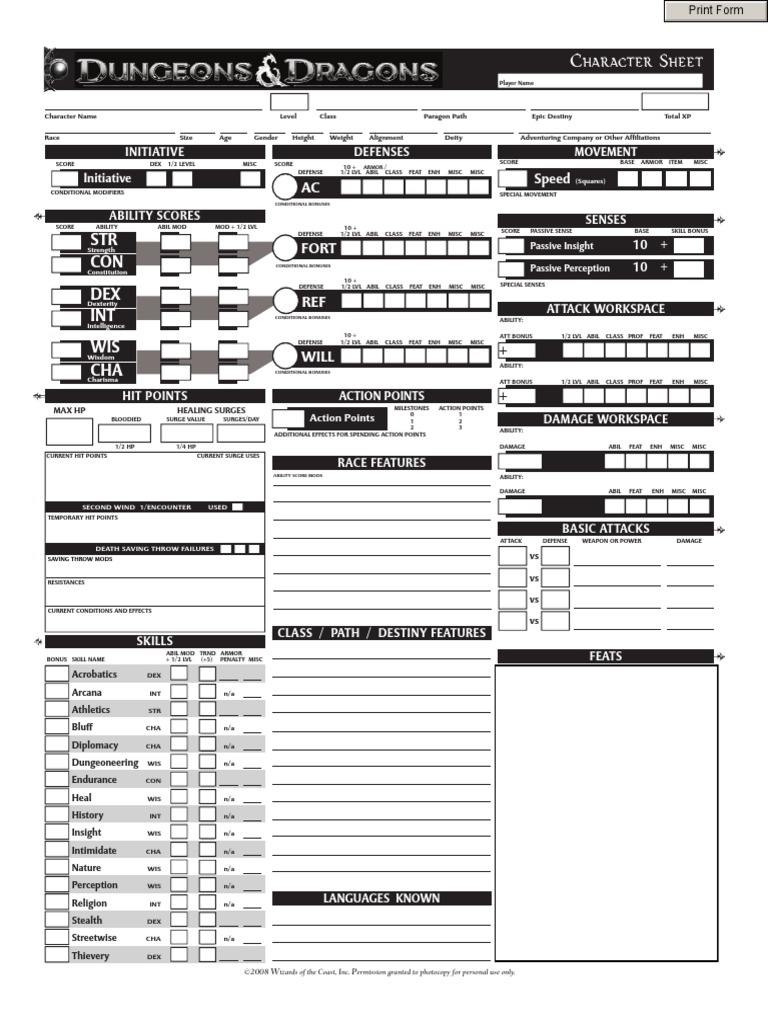 D&D 4th Edition - Character Sheets (Fillable) | PDF | Leisure ...