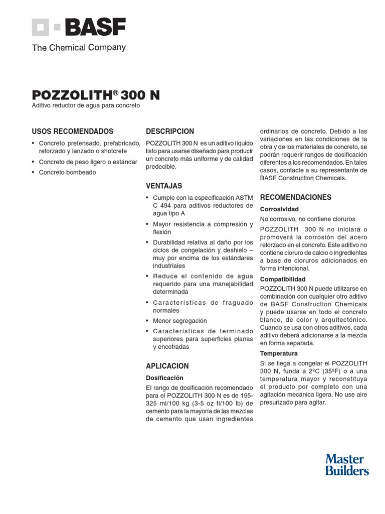 Pozzolith 300 N | PDF | Hormigón | Cemento
