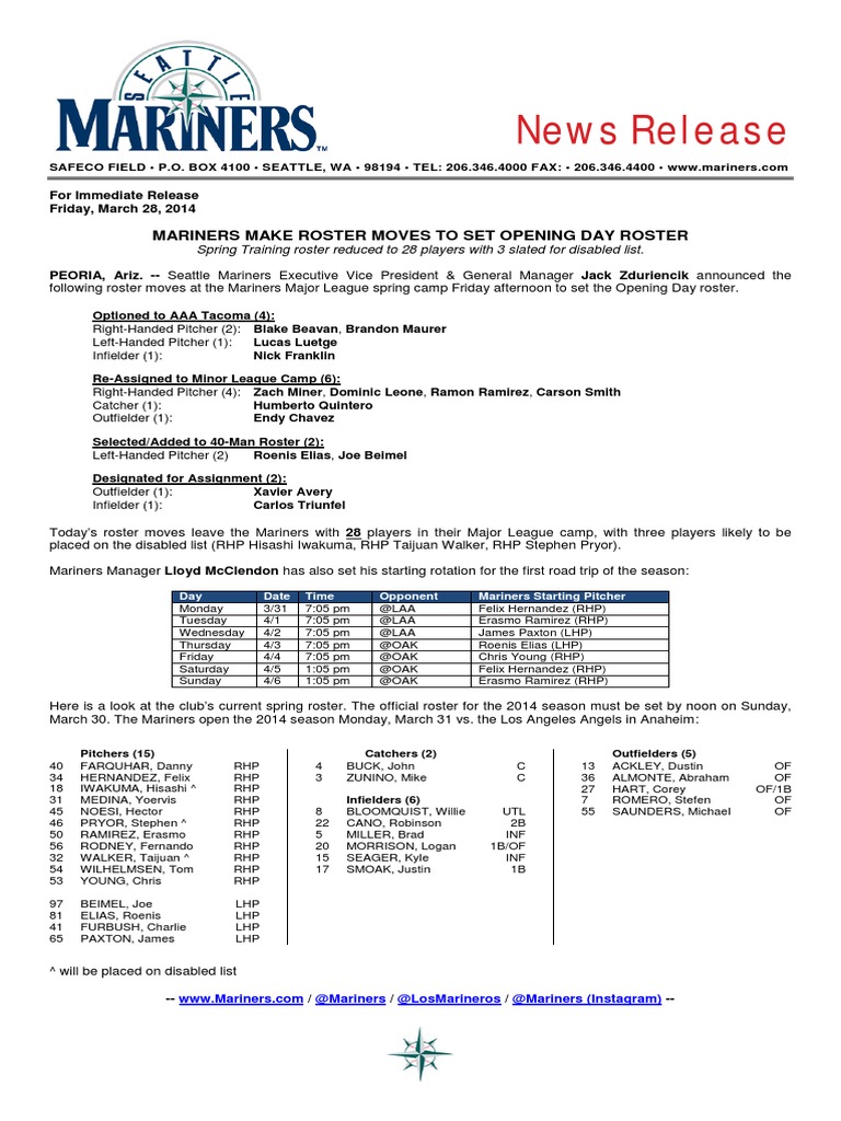 Mariners Set 2014 Opening Day Roster | PDF | Pitcher | Major League ...