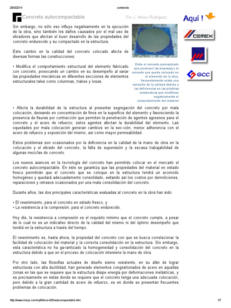 Ventajas del Concreto Autocompactable | PDF | Hormigón | Cemento