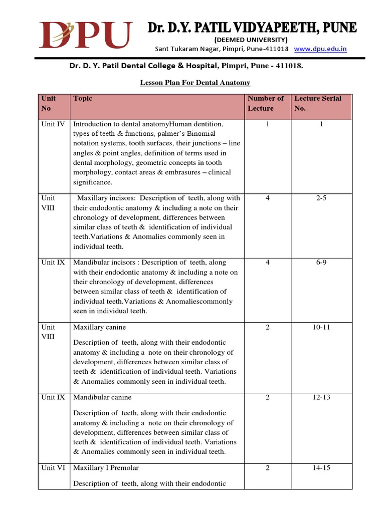 Lesson Plan For Dental Anatomy | PDF | Dental Anatomy | Tooth