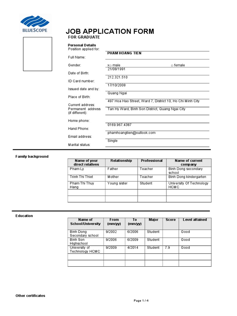 Job Application Form for Pham Hoang Tien | PDF | Educational Stages ...