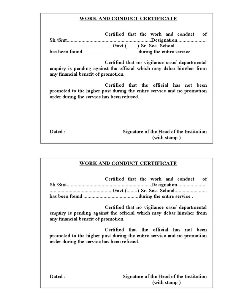 Work and Conduct Certificate Format | PDF | Business