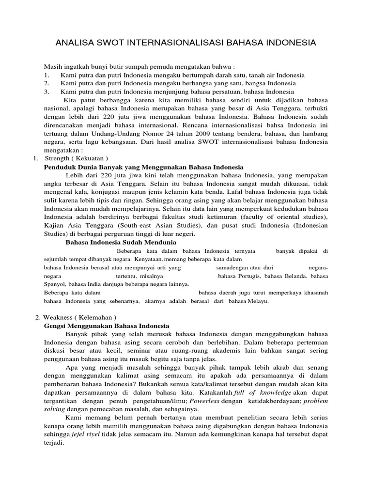 Analisa Swot Internasionalisasi Bahasa Indonesia | PDF