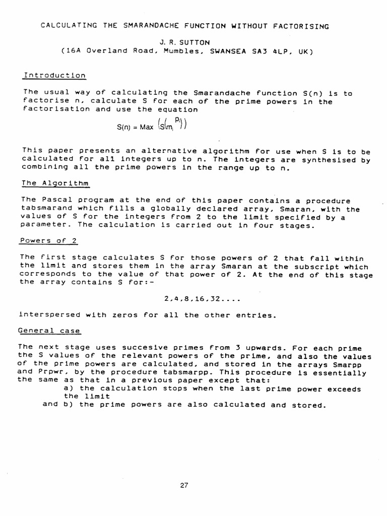 Calculating The Smarandache Function Without Factorising | PDF | Subroutine | Prime Number