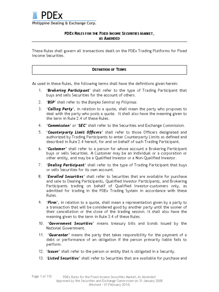 PDEx Rules For The Fixed Income Securities Market As Amended Revised 01 ...