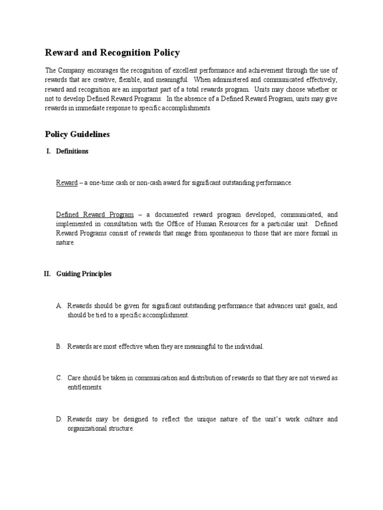 Reward and Recognition Policy | PDF | Payroll | Employee Benefits