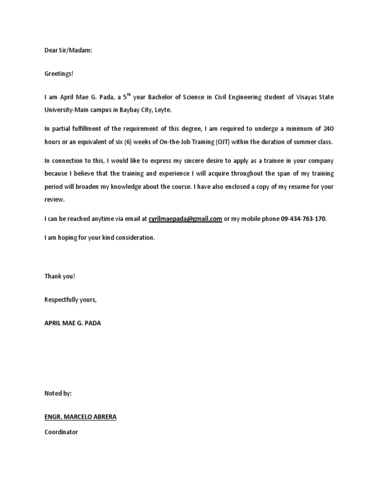 Application Letter Sample For Ojt Hm Students - Free Word Template