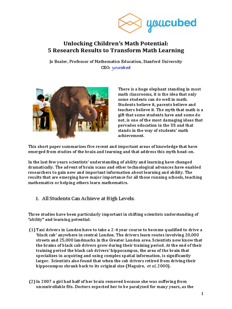 Youcubed-Unlocking Childrens Math Potential | PDF | Mindset | Teaching ...