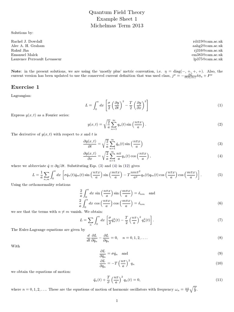 QFT Example Sheet 1 Solutions PDF | PDF | Noether's Theorem | Algebra