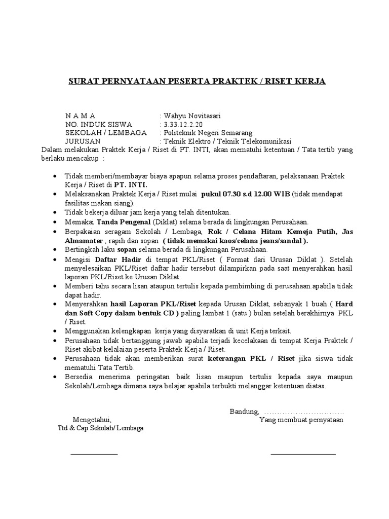 Surat Pernyataan PKL | PDF