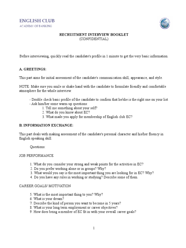 English Club: Recruitment Interview Booklet | PDF