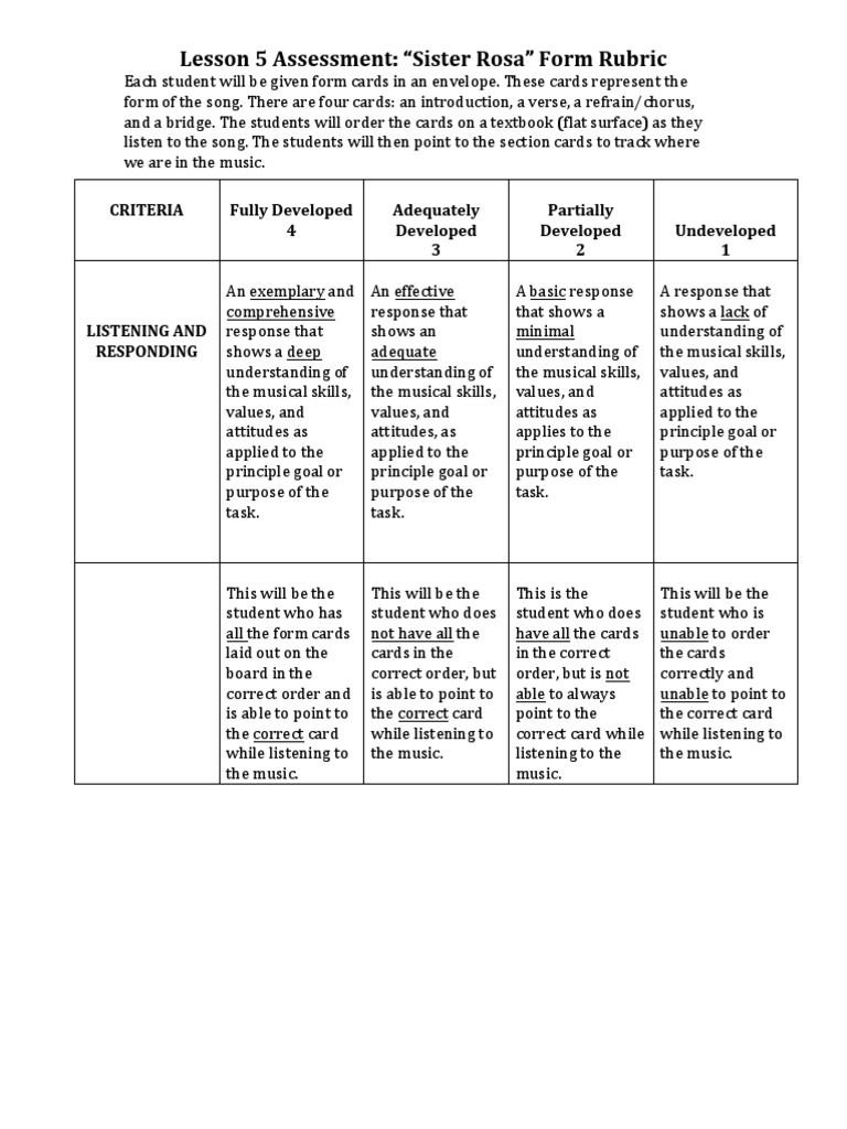 Sister Rosa Assessment Rubric | PDF | Song Structure | Cognition