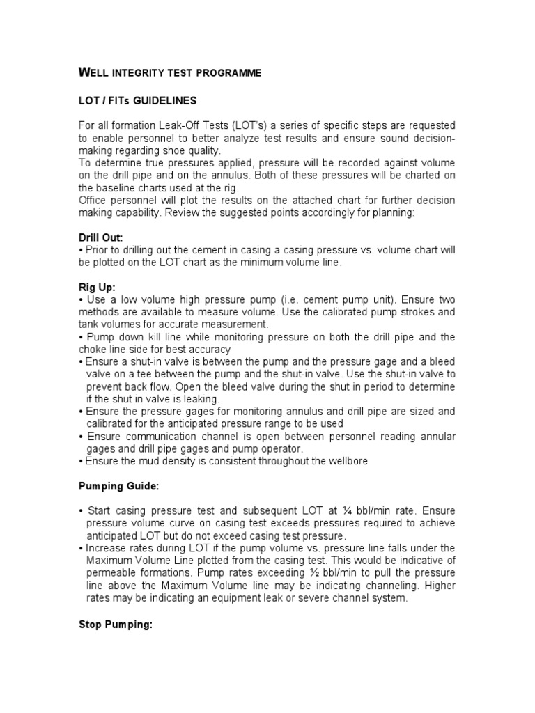 Well Integrity Test Programme | PDF | Casing (Borehole) | Pump