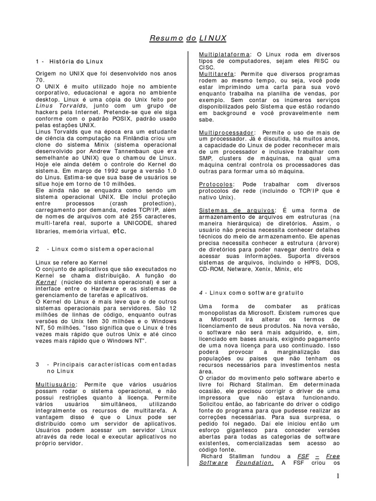 Resumo - Linux | PDF | Linux | Kernel (sistema operacional)