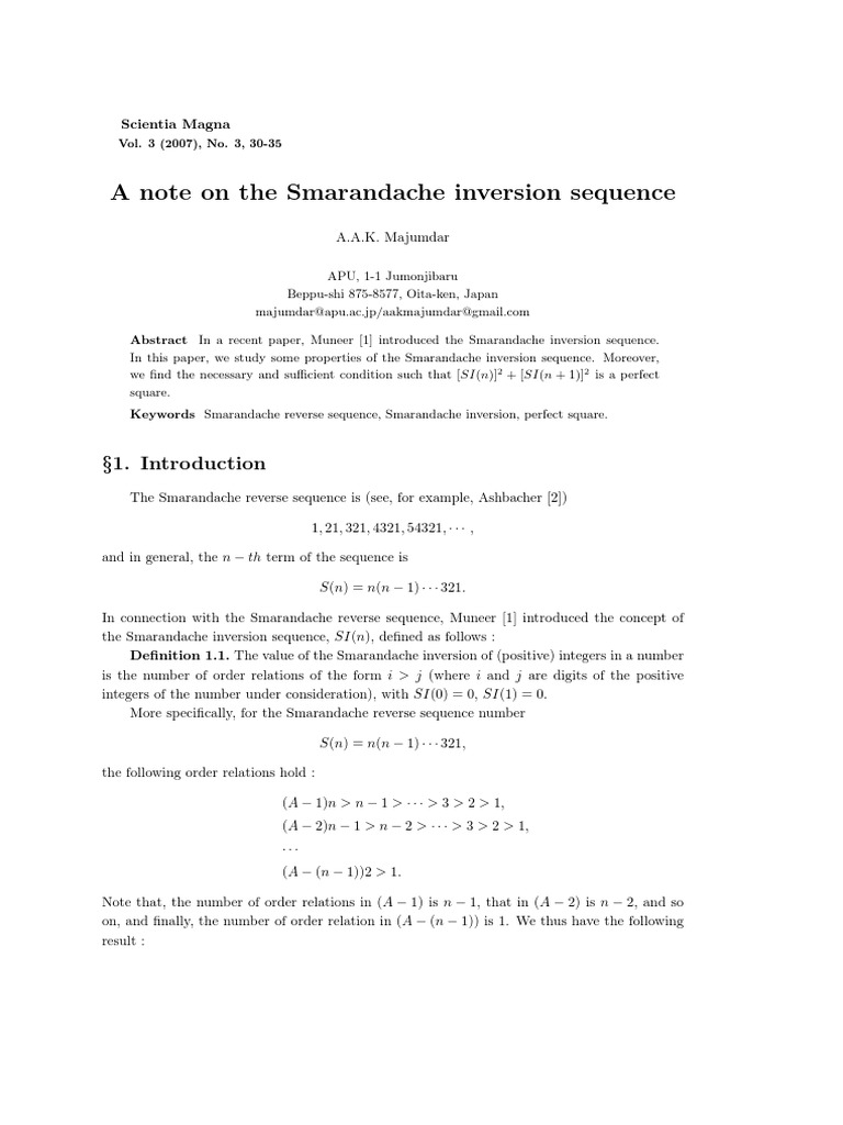 A Note On The Smarandache Inversion Sequence | PDF | Sequence | Equations