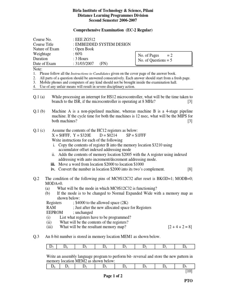 Question Paper of BITS Pilani WILP - 2007 | PDF | Microcontroller | Input/Output