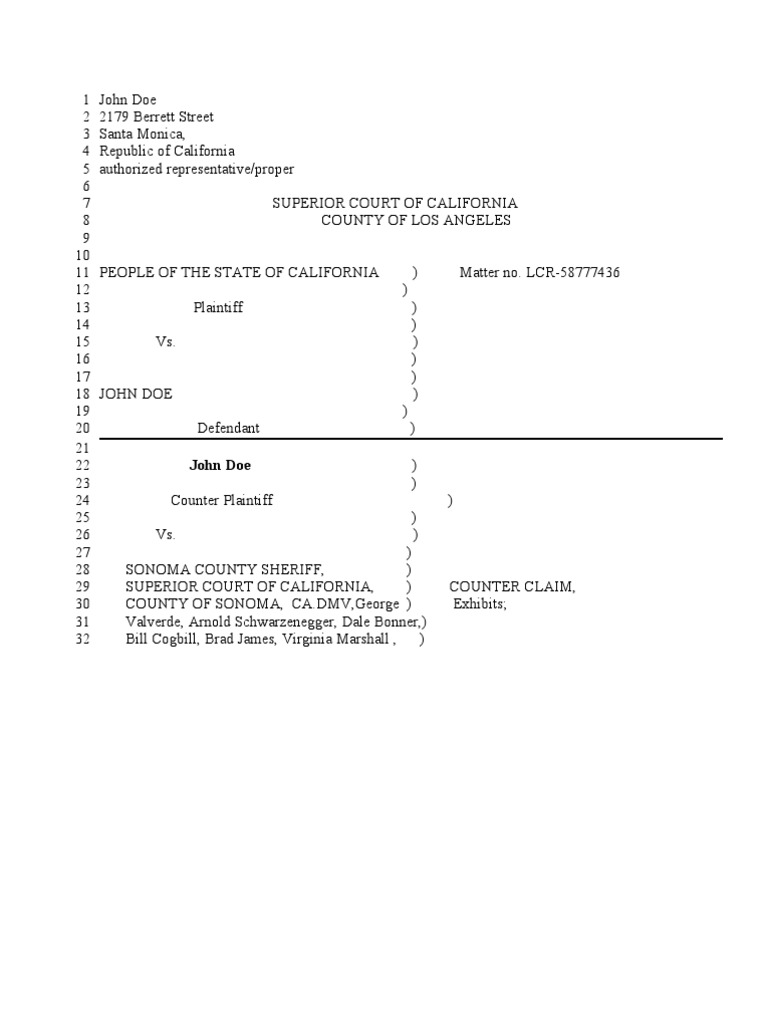 California Court Counterclaim: John Doe vs. State | PDF | Sovereignty ...