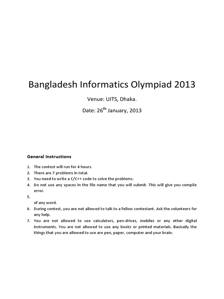 Bangladesh Informatics Olympiad 2013 | PDF